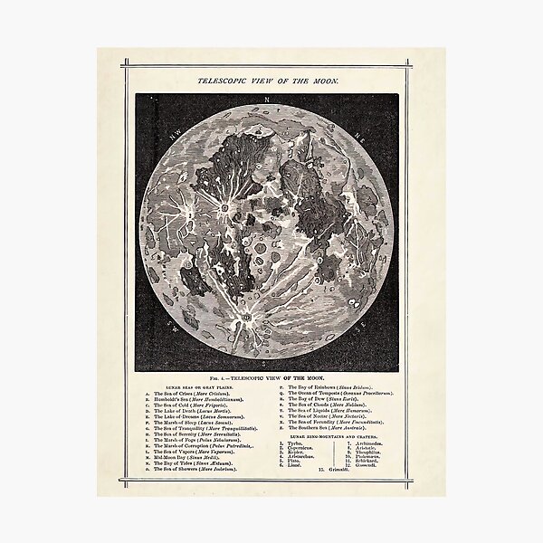 Lámina fotográfica «Vista telescópica de la luna - Mapa antiguo del ...