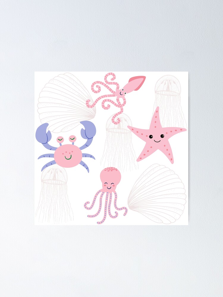 "Pinkish Sea Creatures- Star fish, Octopus, Squid, Crab" Poster for ...