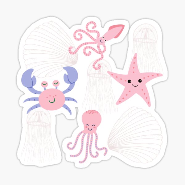 "Pinkish Sea Creatures- Star fish, Octopus, Squid, Crab" Sticker for ...