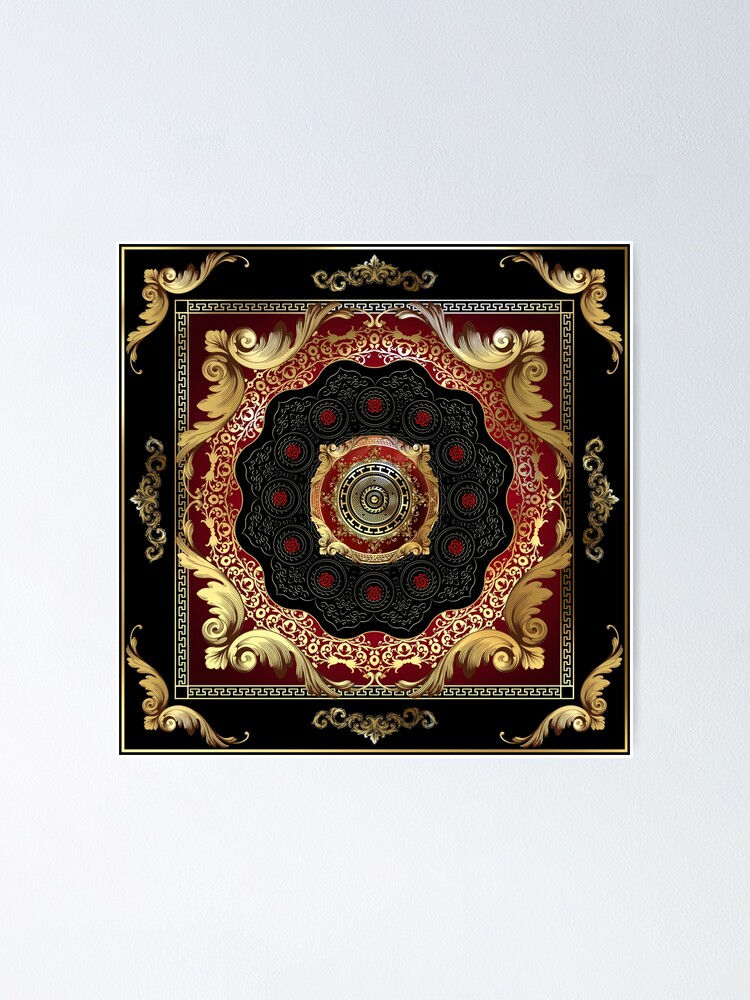 "Ornate Baroque Filigree Red Black Gold Greek Key Meander" Poster for ...