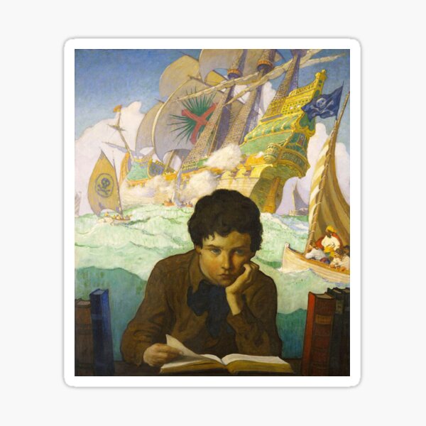 Pegatina «N. C. Wyeth. Storybook, (Nathaniel Wyeth as a Child, Reading ...