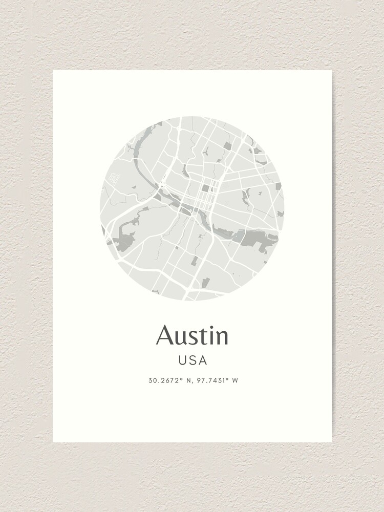 "Circle Black and White Austin Travel Map with Coordinates" Art Print ...