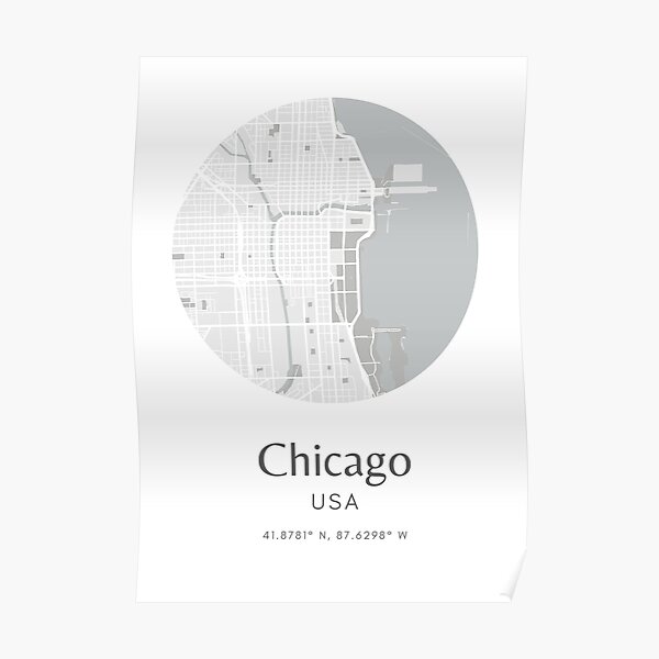 "Black and White Circle Chicago Travel Map with Coordinates" Poster by ...