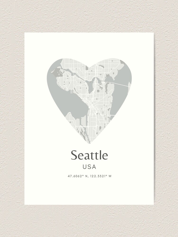 "Black and White Seattle Love Map with Coordinates" Art Print for Sale ...