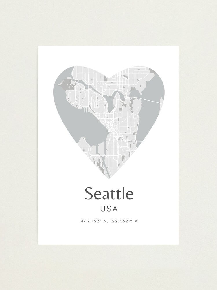 "Black and White Seattle Love Map with Coordinates" Photographic Print ...
