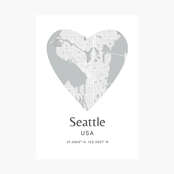 "Black and White Seattle Love Map with Coordinates" Photographic Print ...