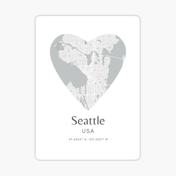 "Black and White Seattle Love Map with Coordinates" Sticker by travel ...