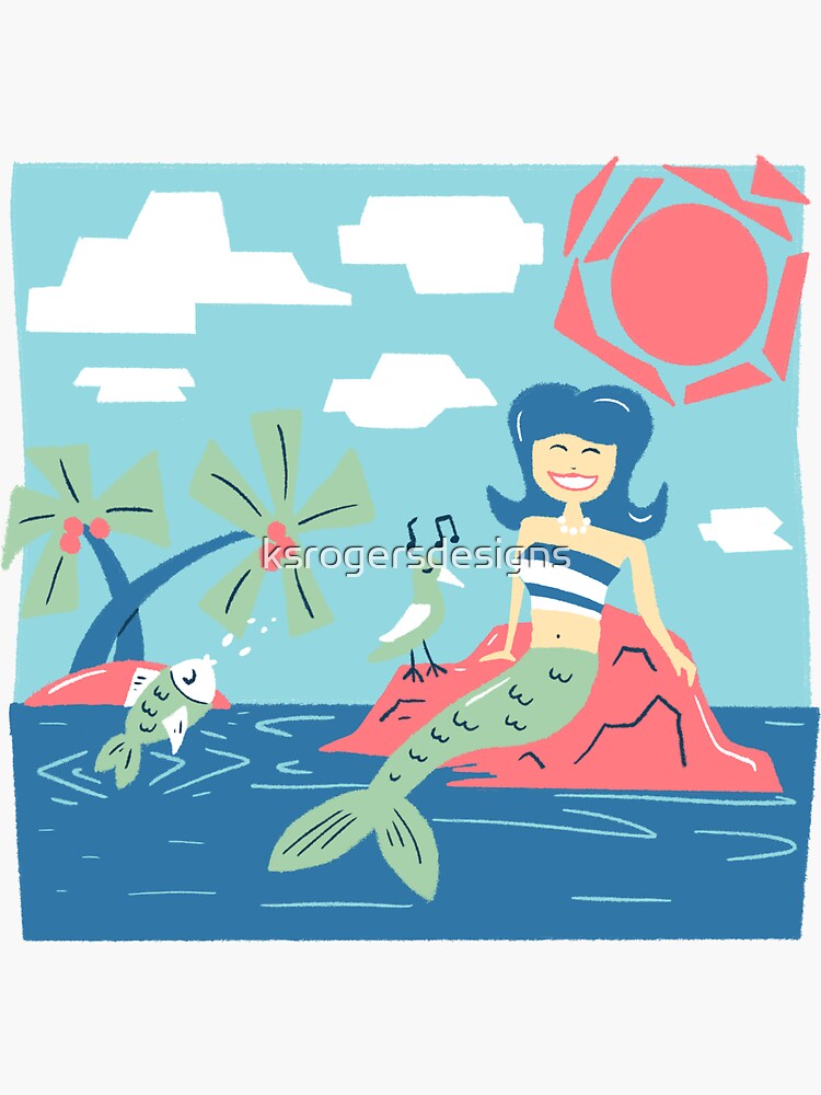 "Sunbathing Mermaid on Tropical Island Beach Mid-Century Modern ...