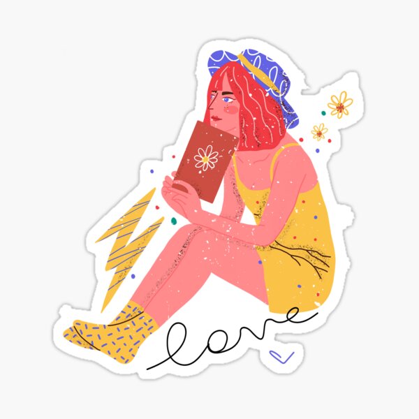 "Young Red-Haired Girl Sitting and Reading a Book" Sticker by ...