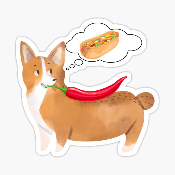 "Chili Dog | Corgi Biting Chili Thinking of Chili Dog" Sticker by ...