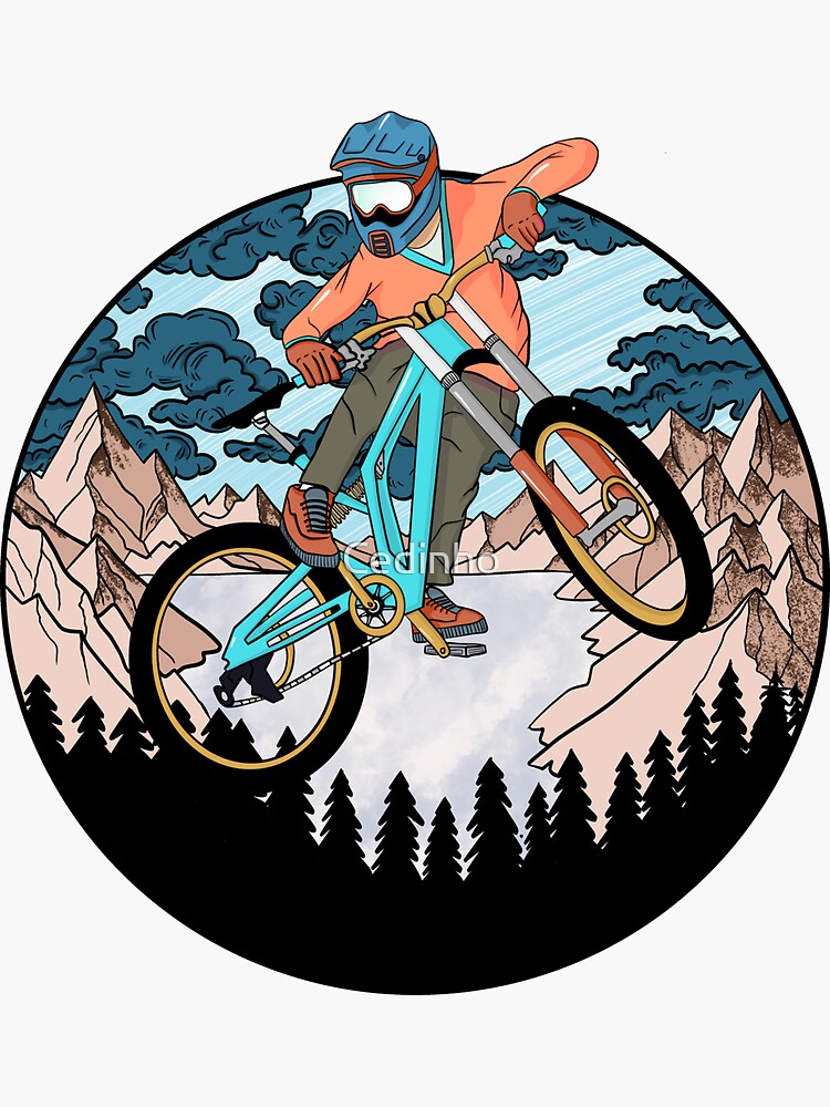 "Cool mountains comic with mountain biker jumping high up" Sticker by ...