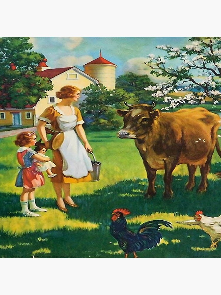 "Farm Woman and Family with cow, folk art" Poster by LGMmugsdesign ...