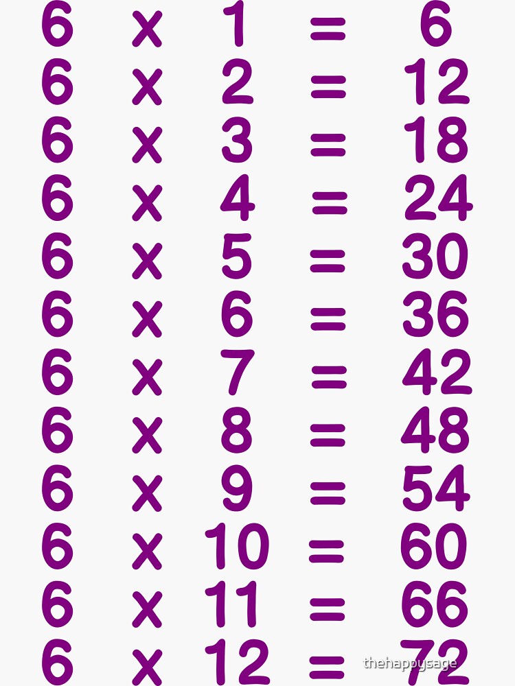 Pegatina «6 X Table Six Times Table Aprender tablas de multiplicar para ...