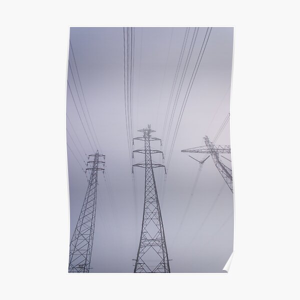 "Towering electrical power pylons disappearing into thick fog portrait ...
