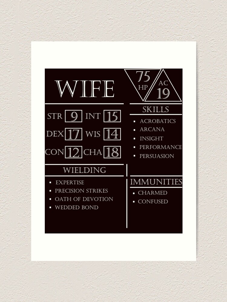 "Wife Stats - Character Sheet - White Essential ." Art Print for Sale ...