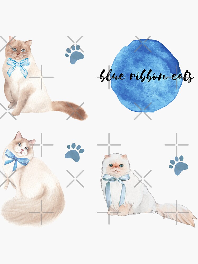 "blue ribbon cats - edoshiart" Sticker by edoshiart | Redbubble