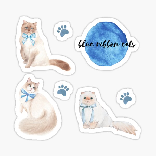 "blue ribbon cats - edoshiart" Sticker by edoshiart | Redbubble