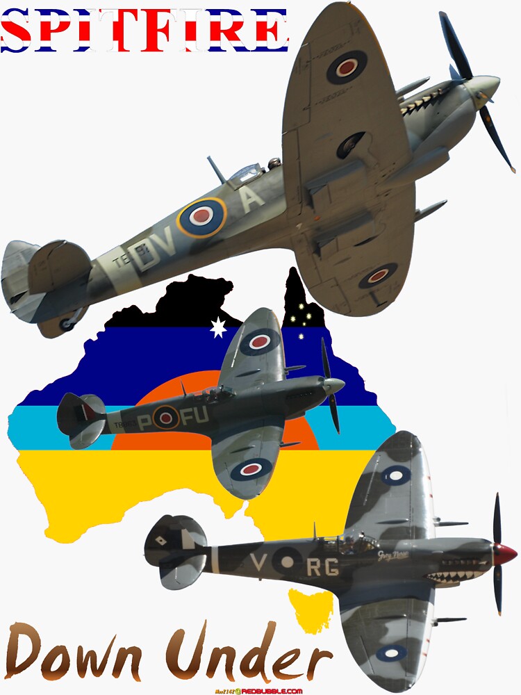 "Australia Map Design - Three Spitfires Down Under Version 2" Sticker ...