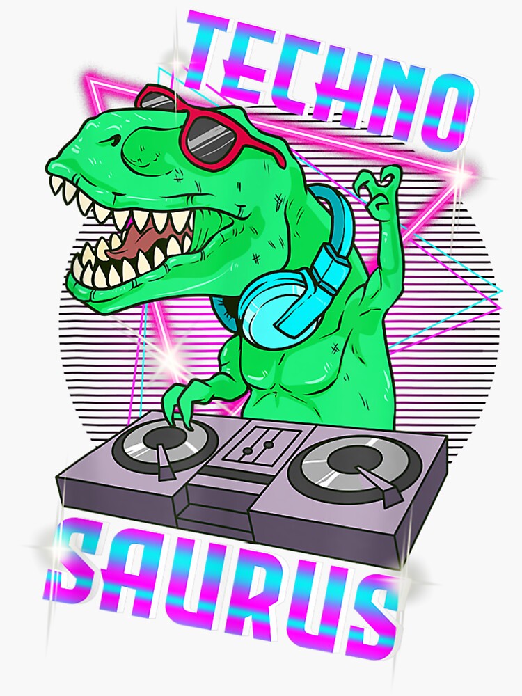 "TRex DJ Dinosaur Dino Retro House Techno EDM Dance Music " Sticker by ...