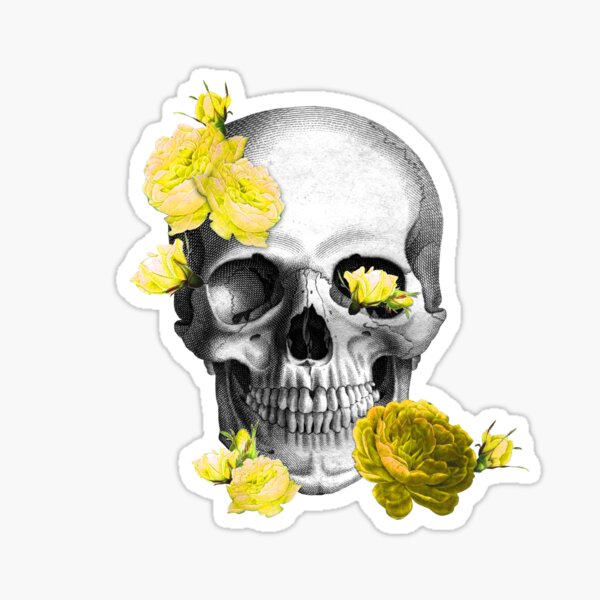 "Yellow Roses Skull (light yellow)" Sticker for Sale by MadameMemento ...