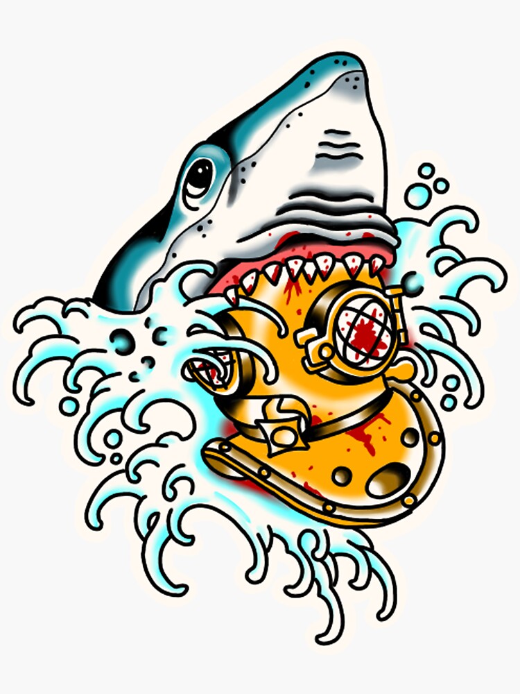 "Shark Diving Suit Traditional Tattoo" Sticker by rafaelwolf | Redbubble