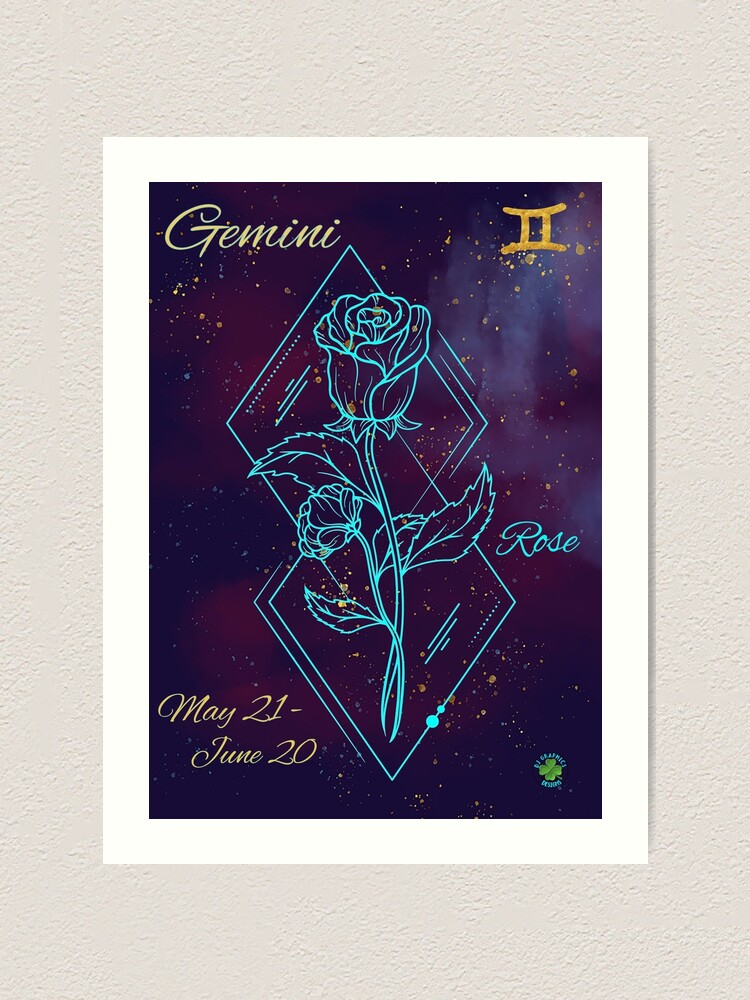 "Gemini Zodiac Sign June Birth Month Flower Rose Night Sky" Art Print ...