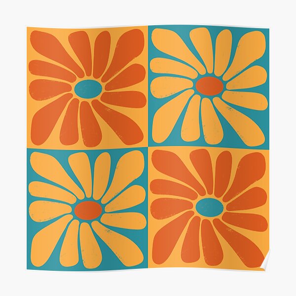 "Retro 80s Orange Blue and Yellow Floral Print" Poster for Sale by ...