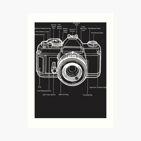 "35mm Film Camera Schematic (white on black) Essential T-Shirt" Art ...