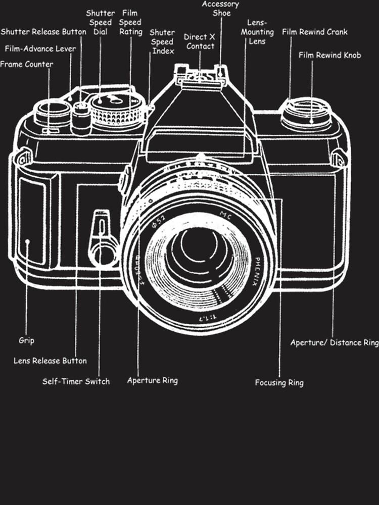 "35mm Film Camera Schematic (white on black) Essential T-Shirt" Art ...