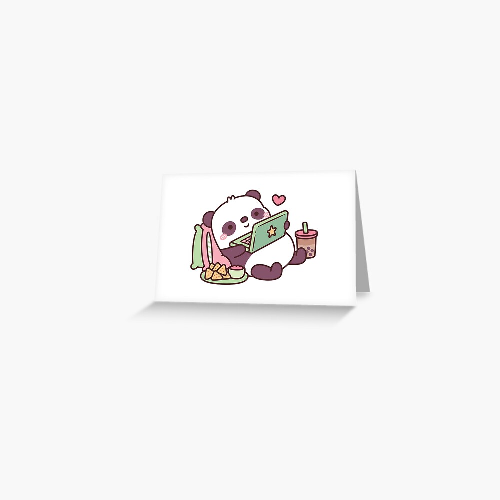 "Cute Panda Chillin with Anime Chips and Bubble Tea" Greeting Card by ...