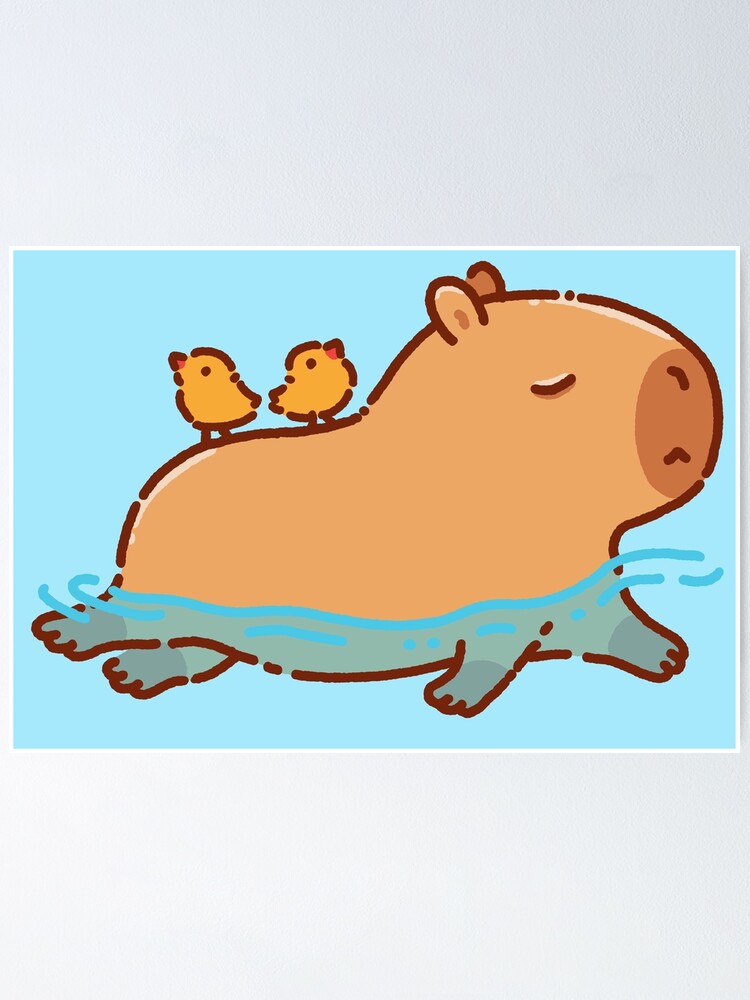 "Capybara swimming with two birds on his back" Poster for Sale by ...
