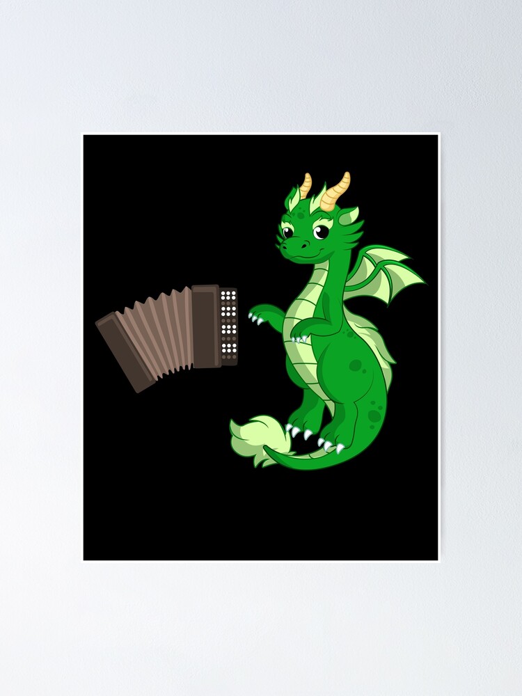 Póster «Dragón que toca el acordeón, diseño verde divertido de los ...