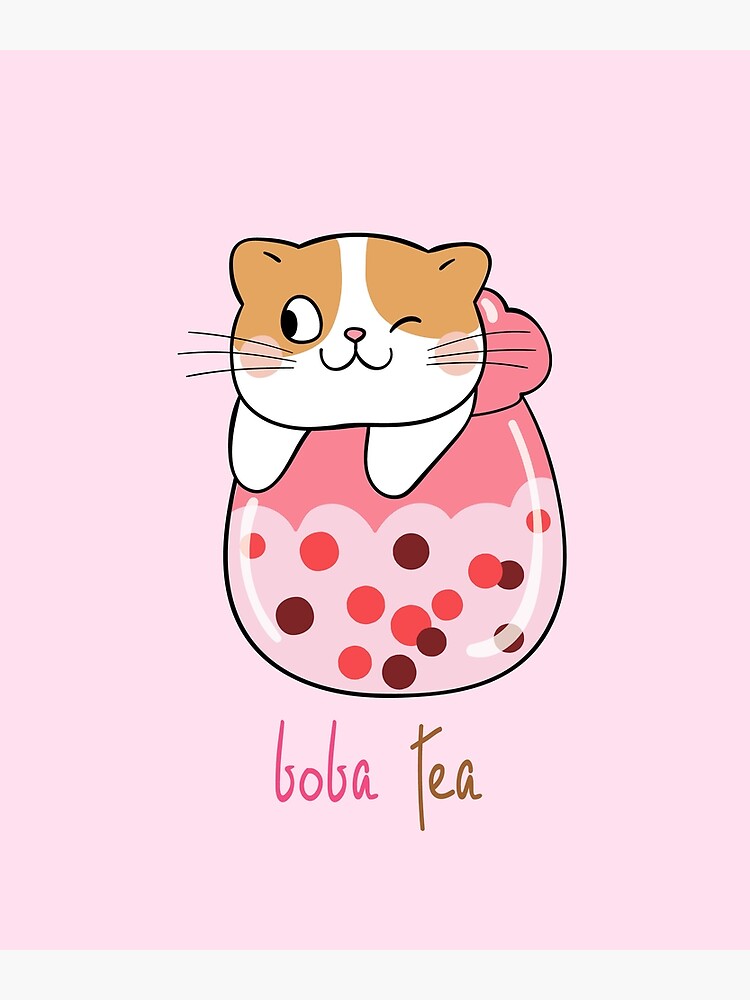 "Cat drinking boba milk, cute cat love bubble milk tea, pink" Poster ...
