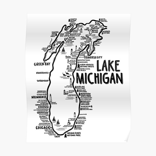 "Lake Michigan Map " Poster by fiberandgloss | Redbubble
