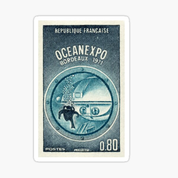 "Vintage 1971 France Oceanexpo scuba diver postage stamp" Sticker for ...