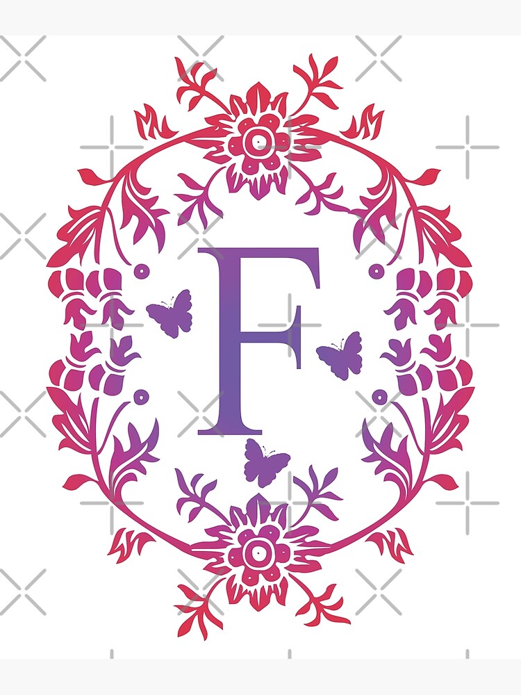 Póster «Letra ornamental F, mariposa de corazón púrpura y rojo, adorno ...
