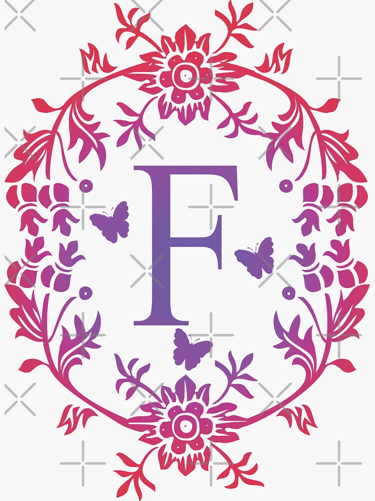 Pegatina «Letra ornamental F, mariposa de corazón púrpura y rojo ...