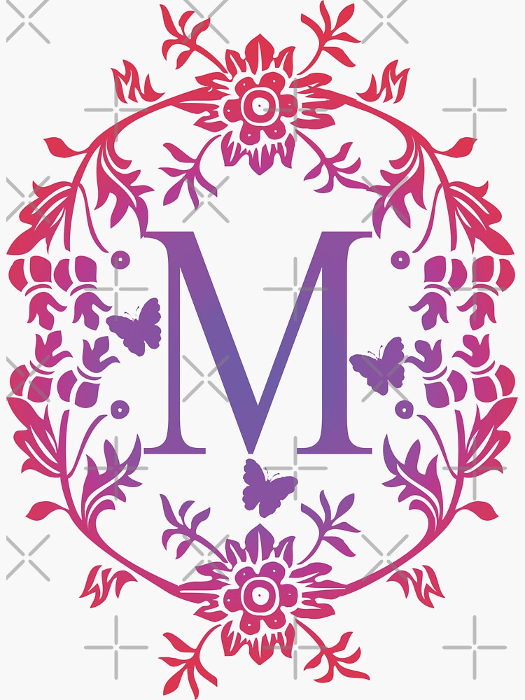 Pegatina «Letra ornamental M, mariposa de corazón púrpura y rojo ...