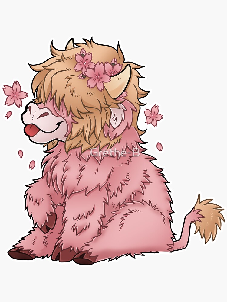 "Sakura Pink Highlander Cow" Sticker for Sale by Grethe-B | Redbubble