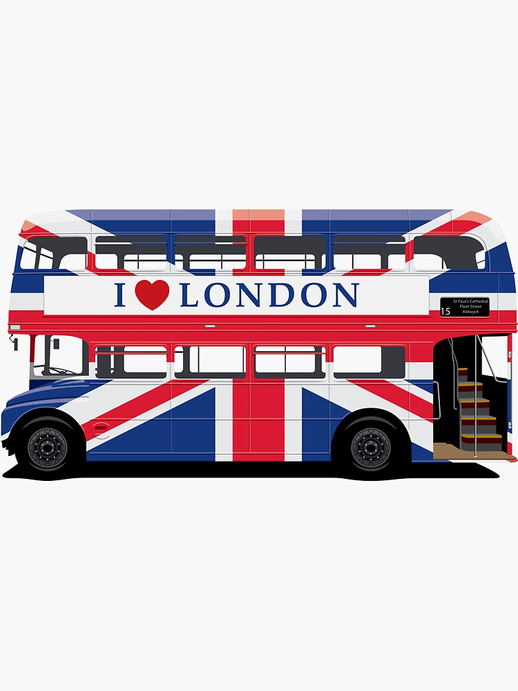 "London Bus With British Flag Wrap and I Love London Banner" Sticker ...