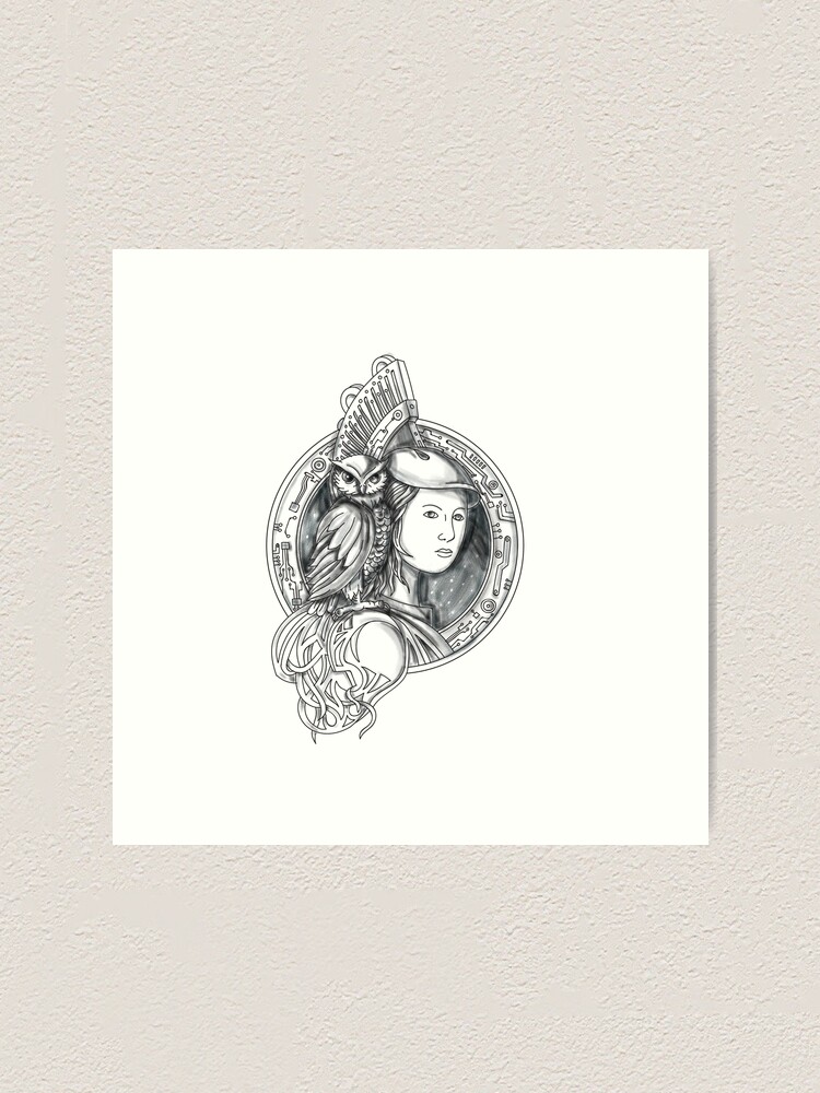 "Athena with Owl on Shoulder Electronic Circuit Circle Tattoo" Art ...