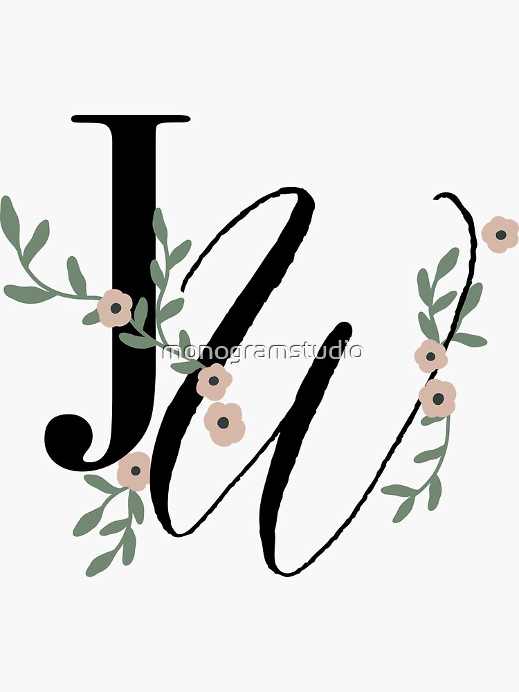 "Monogram letters J W - cute pink flowers with green leaves" Sticker ...