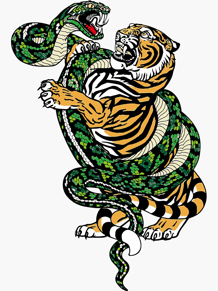 "Tiger and snake fight" Sticker by ryuichi8000 | Redbubble