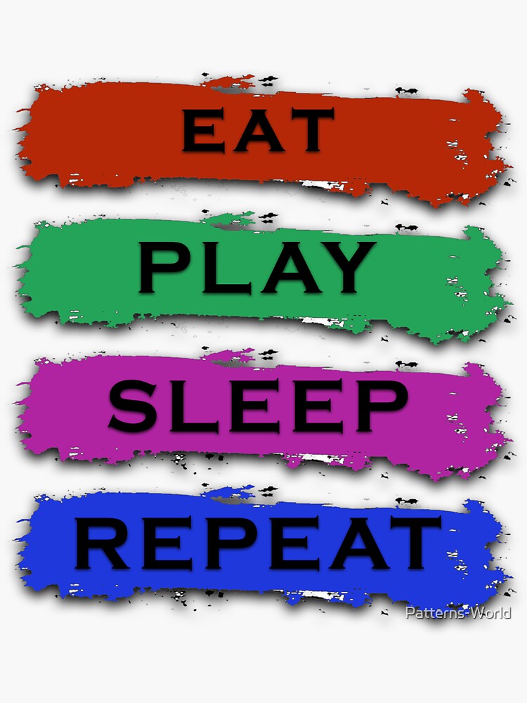 "EAT-PLAY-GAME-REPEAT" Sticker by Patterns-World | Redbubble