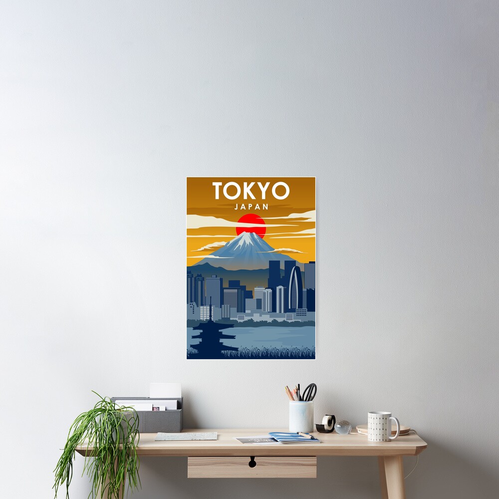 "Japan Tokyo Mount Fuji Cityscape Vintage Minimal Travel Poster" Poster ...