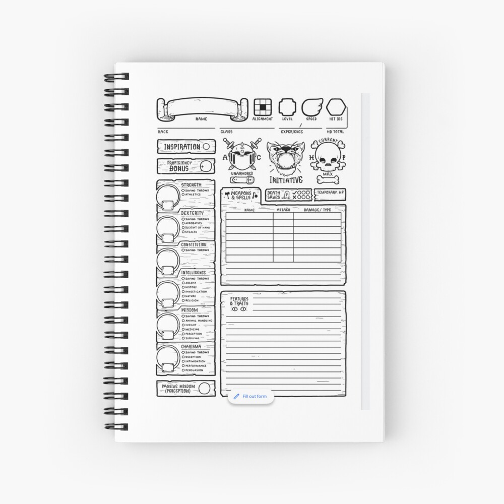 "Character Sheet" Spiral Notebook for Sale by Spoilsbury | Redbubble