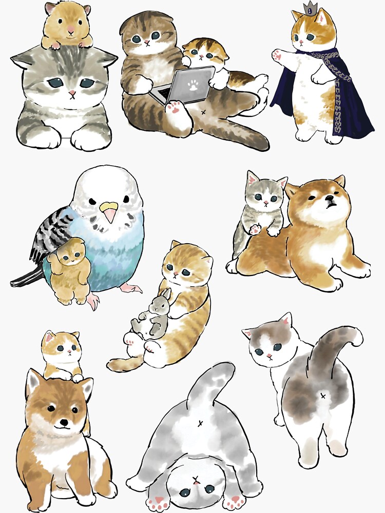 Pegatina «Mofu Sand Cute Cats Drawing with Birds, Rabbits and Shiba ...