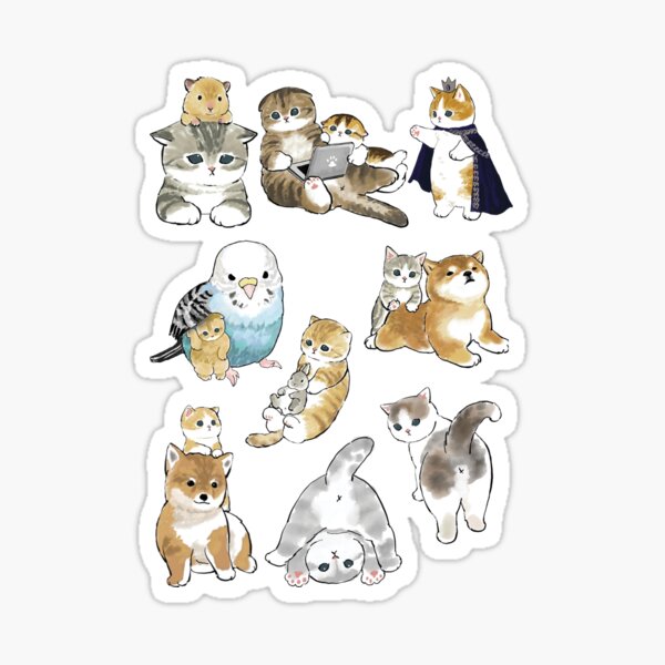 Pegatina «Mofu Sand Cute Cats Drawing with Birds, Rabbits and Shiba ...