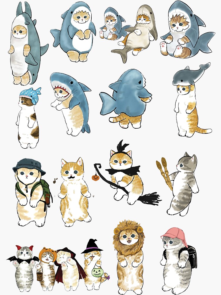 "Mofu Sand Cute Cats Drawing in Sharks Outfit Sticker Pack, Cute Kitty ...