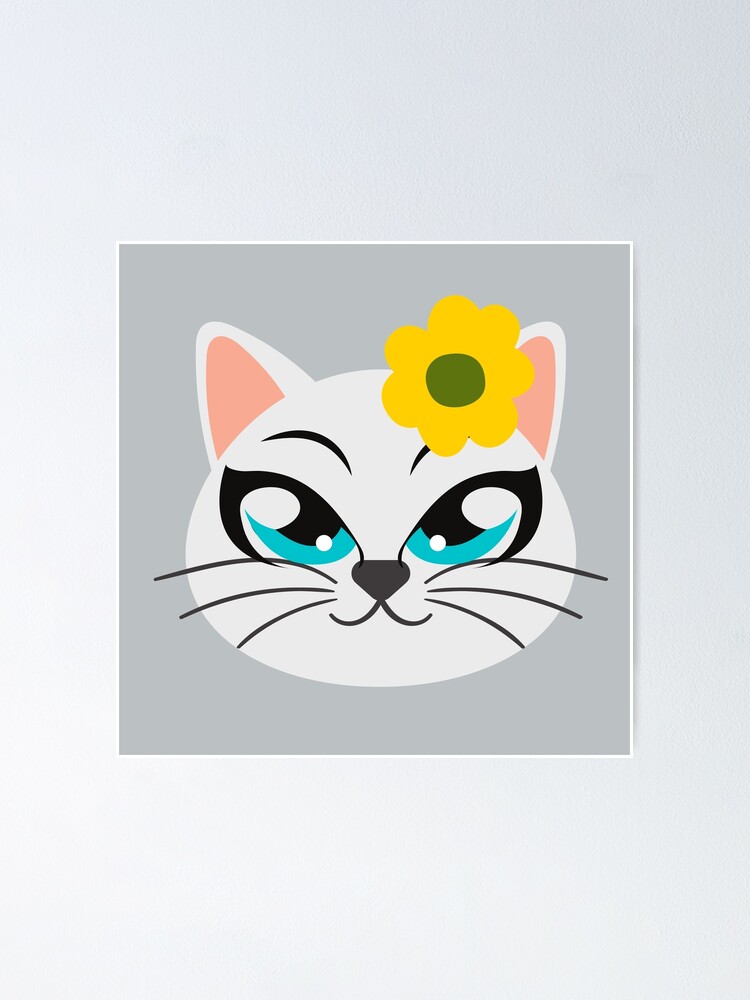 Póster «Cara de linda gatita con ojos azules y flor amarilla, con ...
